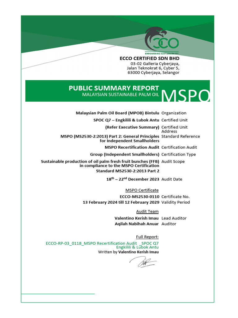 Public Summary SPOC Q7 Engkilili & Lubok Antu MSPO Recertification ...