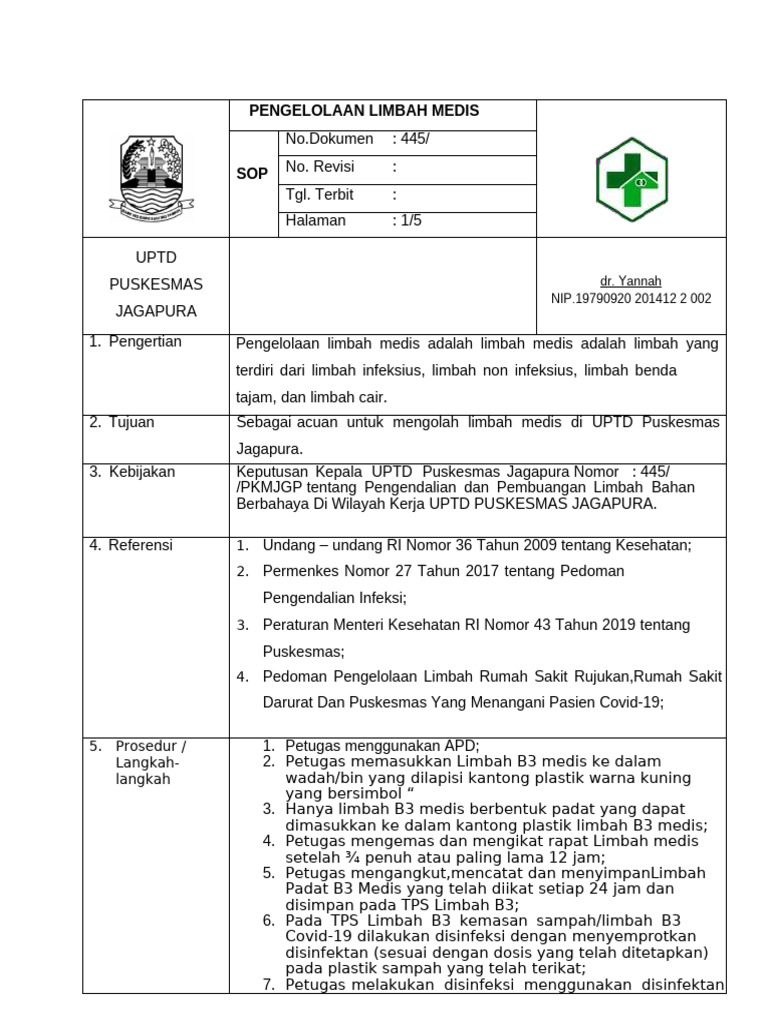 Sop Pengolahan Limbah Medis JGP | PDF