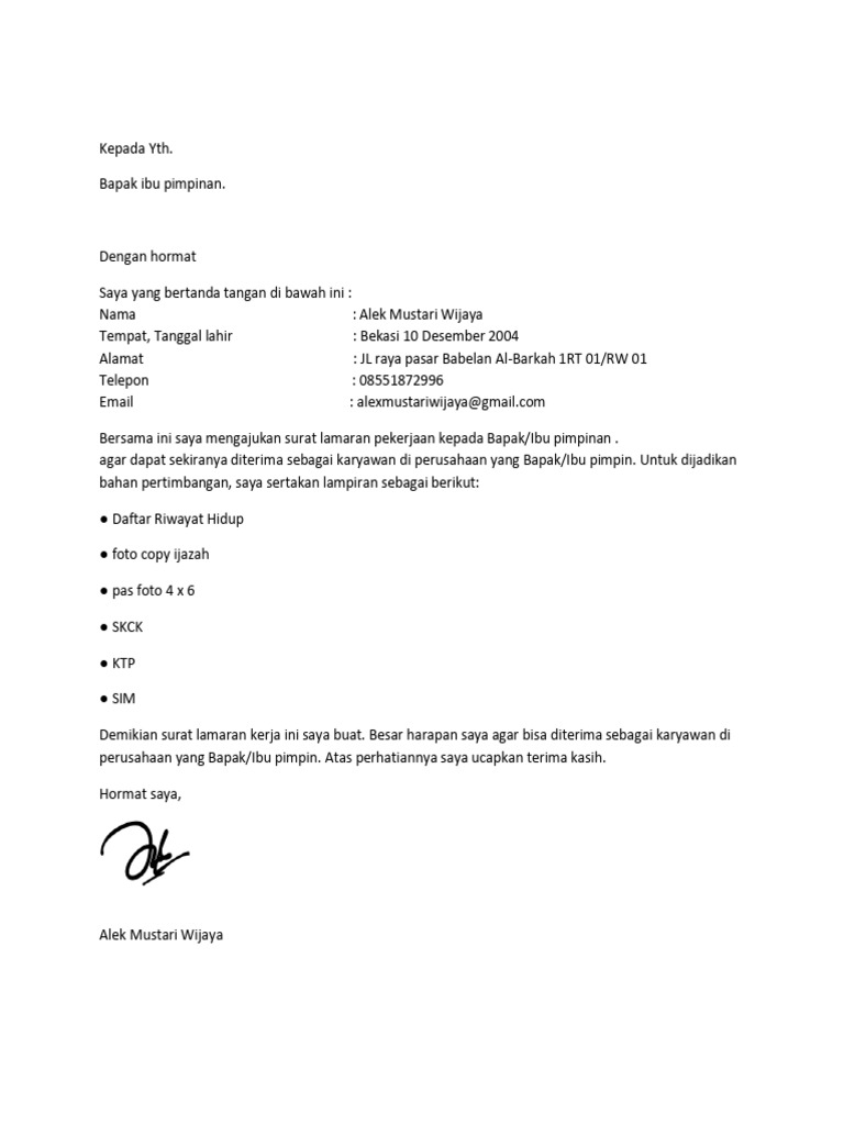 Surat Lamaran Kerja Alek Mustari Wijaya | PDF