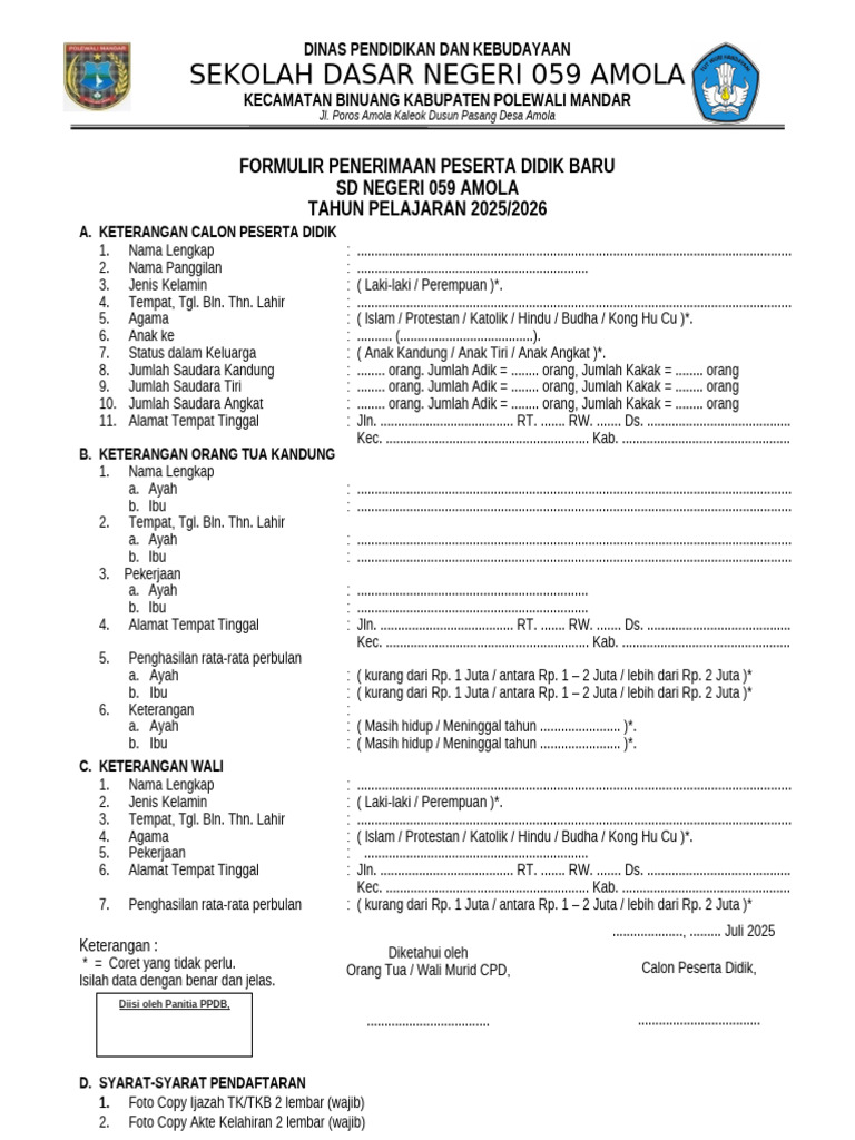 Contoh Formulir Penerimaan Siswa Baru Tahun 20182019 | PDF