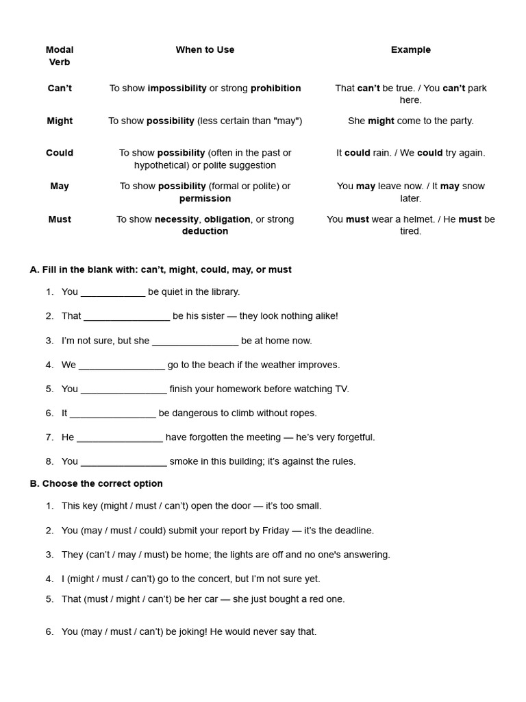 Modal Verbs - Exercises and Explanation | PDF