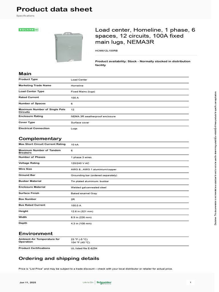 Schneider Electric - Homeline-Load-Centers - HOM612L100RB | PDF ...