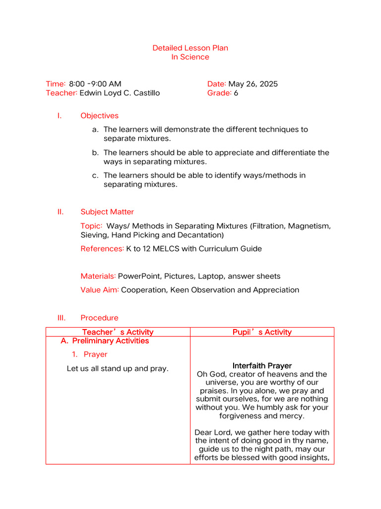 Detailed Lesson Plan in Science 6 - CASTILLO, EDWIN LOYD C - Docx | PDF | Filtration | Mixture