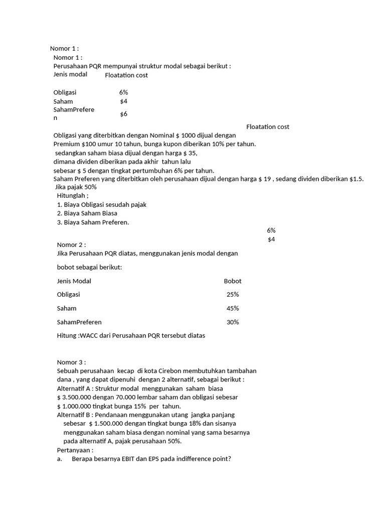 Soal Kuis MKL Coc Wacc Dan Capital Structure | PDF
