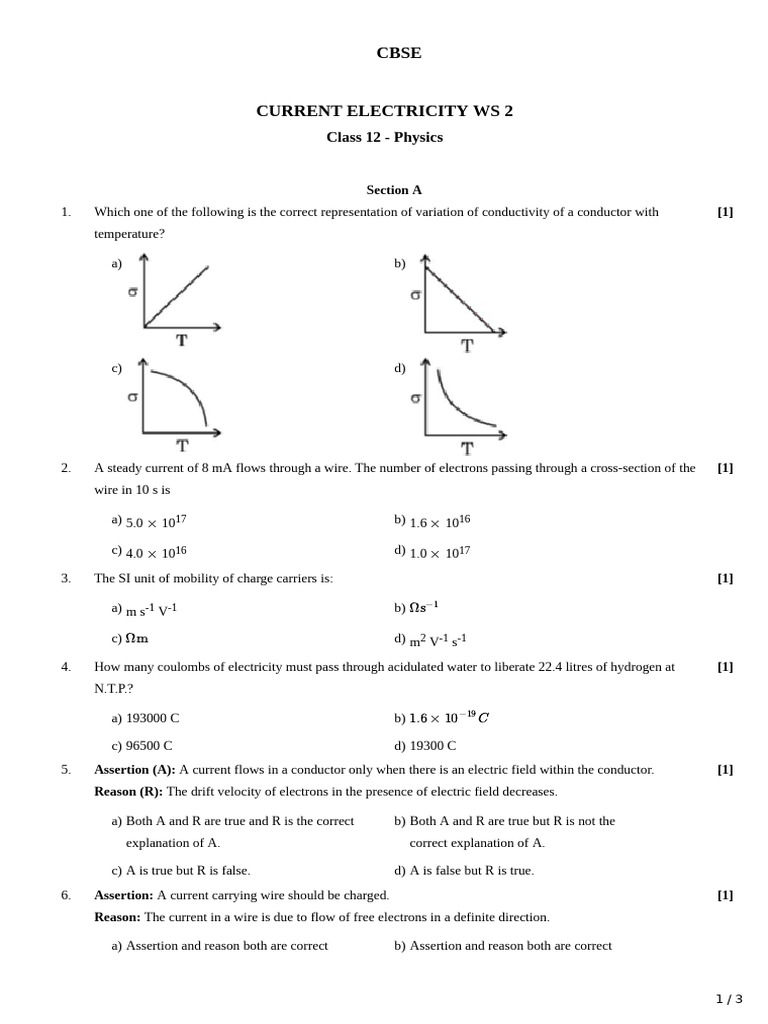 Current Electricity WS 2 (Electric Currents in Metallic Conductors ...