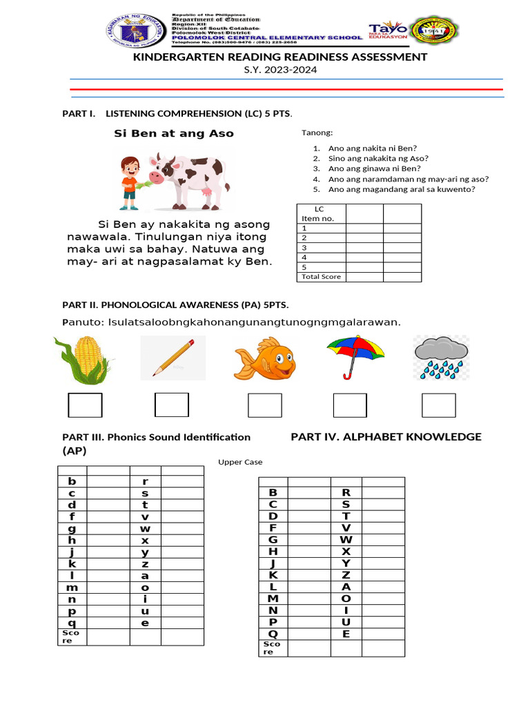 Kindergarten Reading Readiness Assessmen1 | PDF