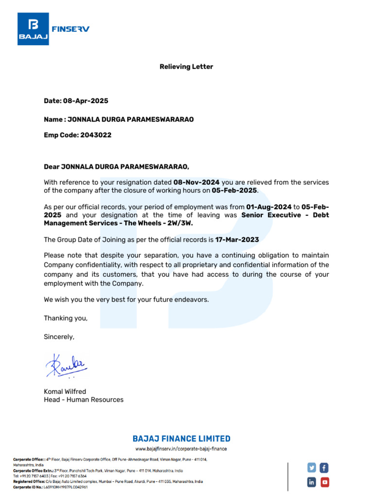 Employment Relieving Letter for Jonnala | PDF