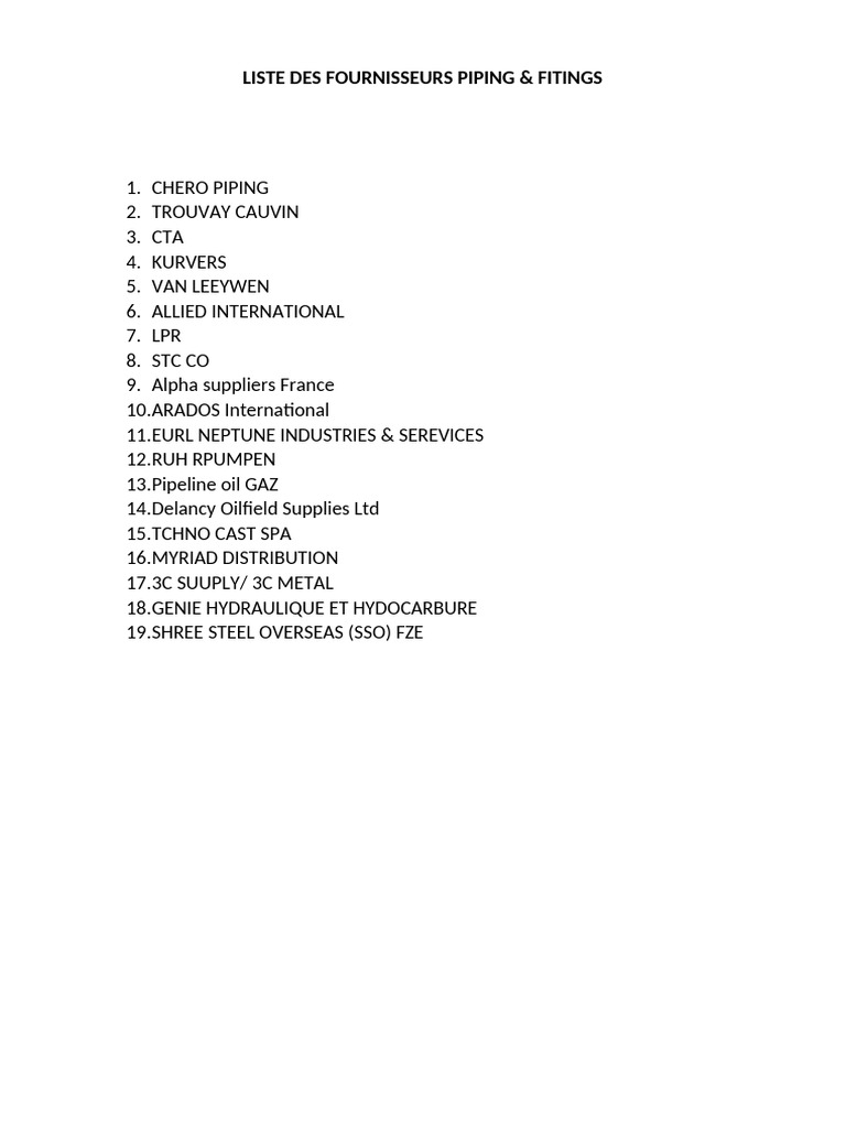 Liste Des Fournisseurs Piping | PDF