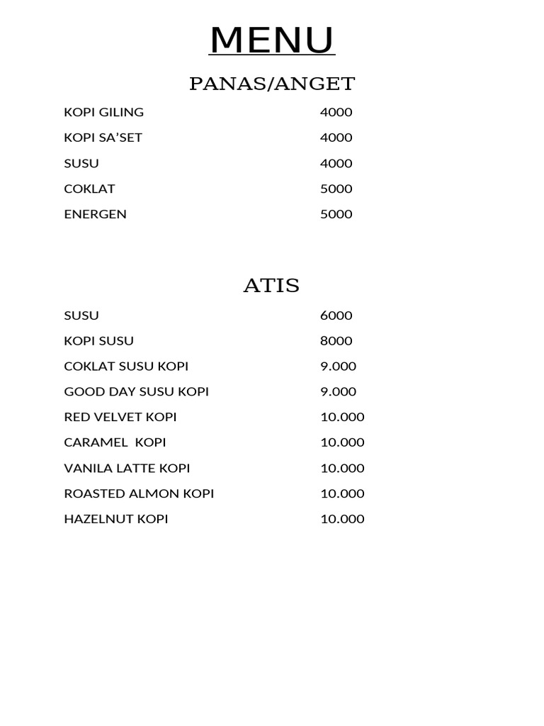 Menu Minuman Kopi dan Susu Terjangkau | PDF