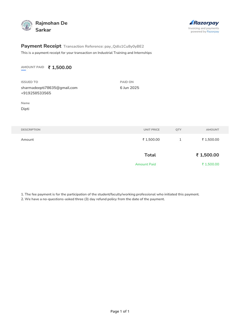 Receipt Pay - Qdls1Cu8y0yBE2 From ASD Internships (Paid) PDF | PDF