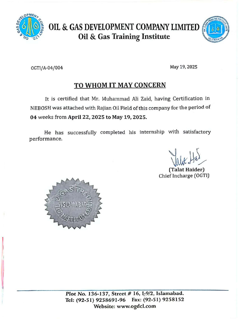 M. Ali Zaid Internship at Rajian Oil Field | PDF