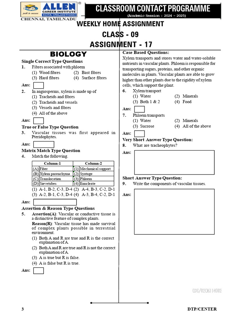 Week-17 Class-09 Home Assign 24-25 Biology | PDF | Tissue (Biology) | Histology