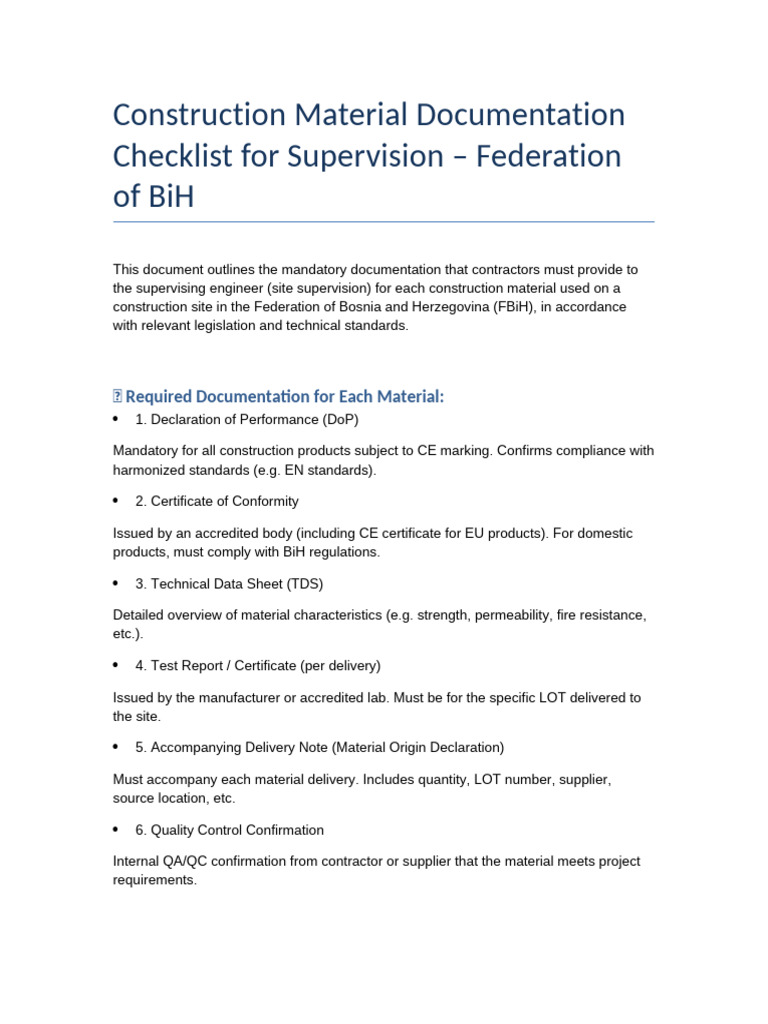 Material Documentation Checklist FBiH | PDF | Concrete