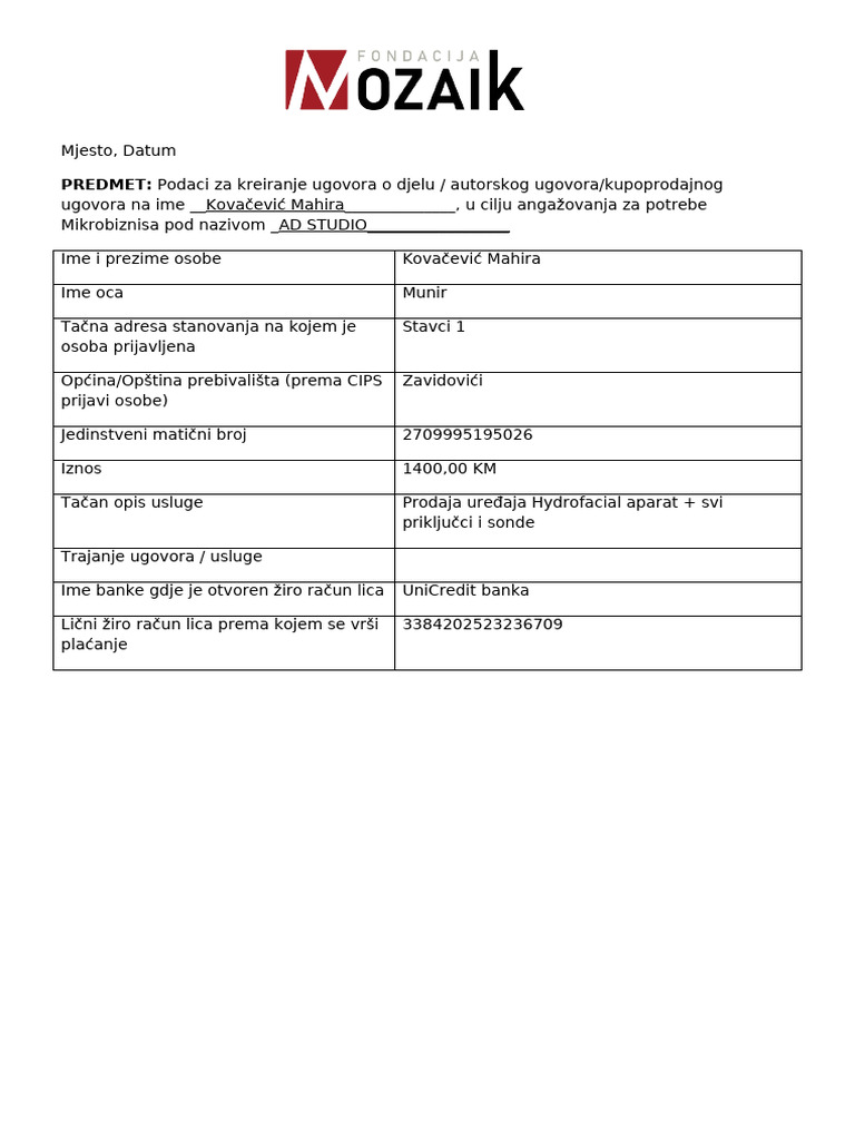 Podaci Za Ugovor | PDF