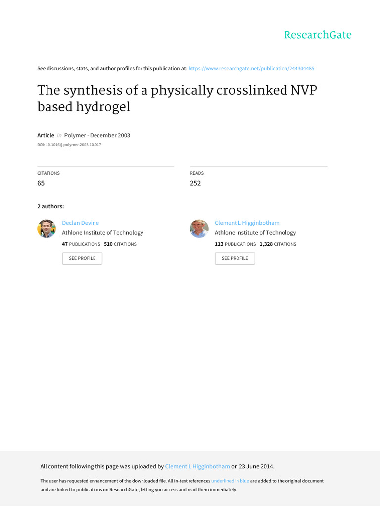 NVP-Based Hydrogel Synthesis Insights | PDF | Polymers | Gel