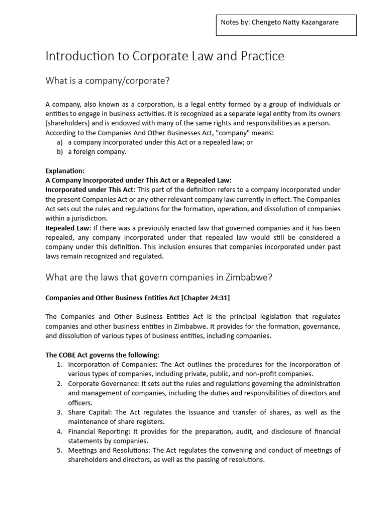 Introduction To Corporate Law and Practice Lecture 2 | PDF | Board Of ...