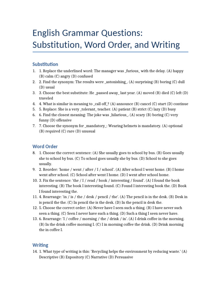 English 20 Questions Substitution WordOrder Writing | PDF