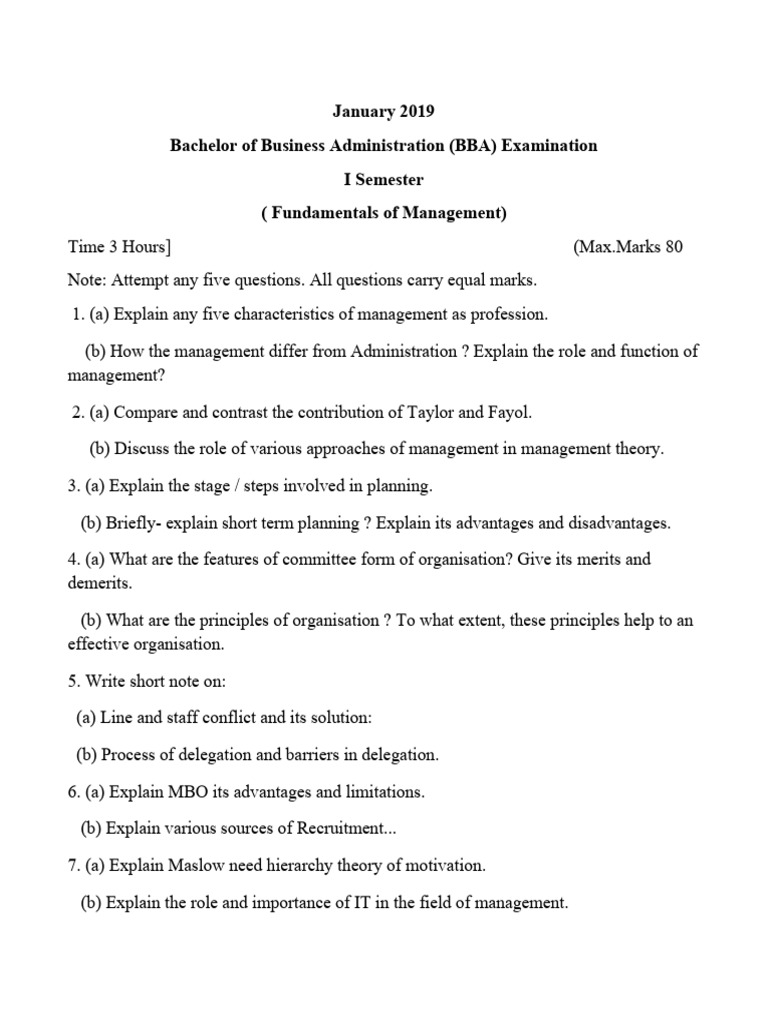Bba 1 Sem Fundamentals of Management Jan 2019 | PDF