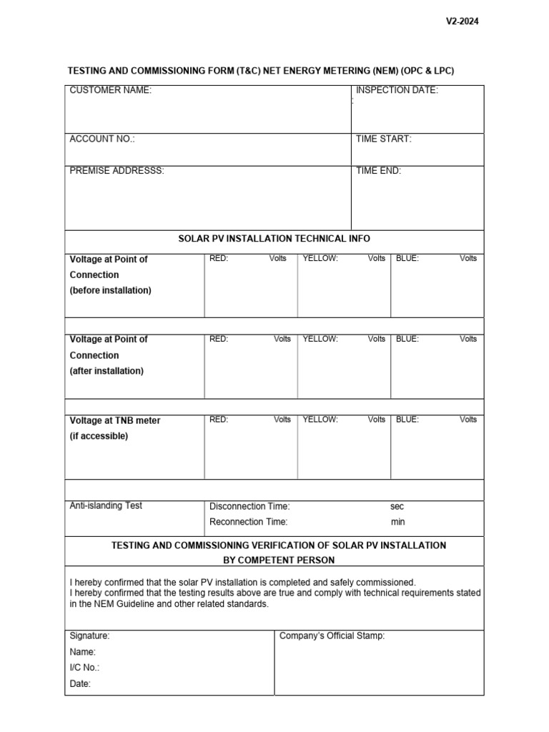 NEM Testing and Commissioning Form | PDF