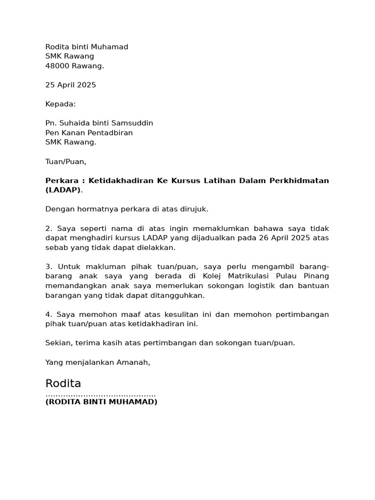 Surat Ketidakhadiran LADAP - 1 | PDF