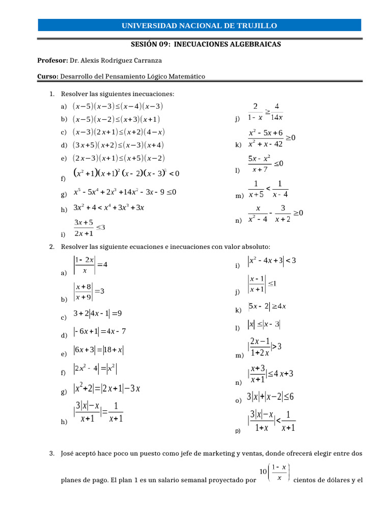 s9.3 HT Inecuaciones Algebraicas | PDF | Matemáticas | Álgebra