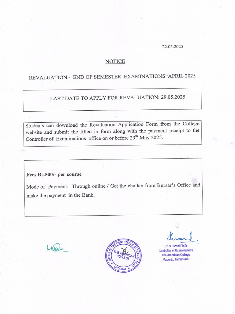 Revaluation End of Semester Examinations April 2025 | PDF