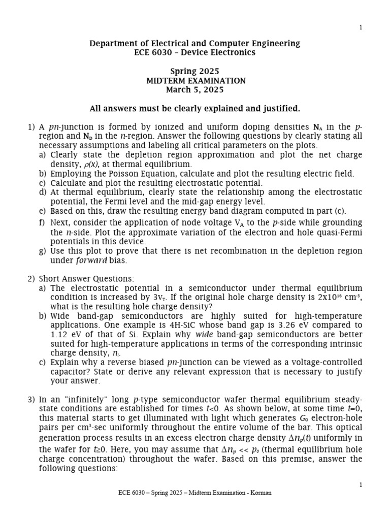 ECE 6030 Midterm Exam: Device Electronics | PDF | P–N Junction | Solid ...