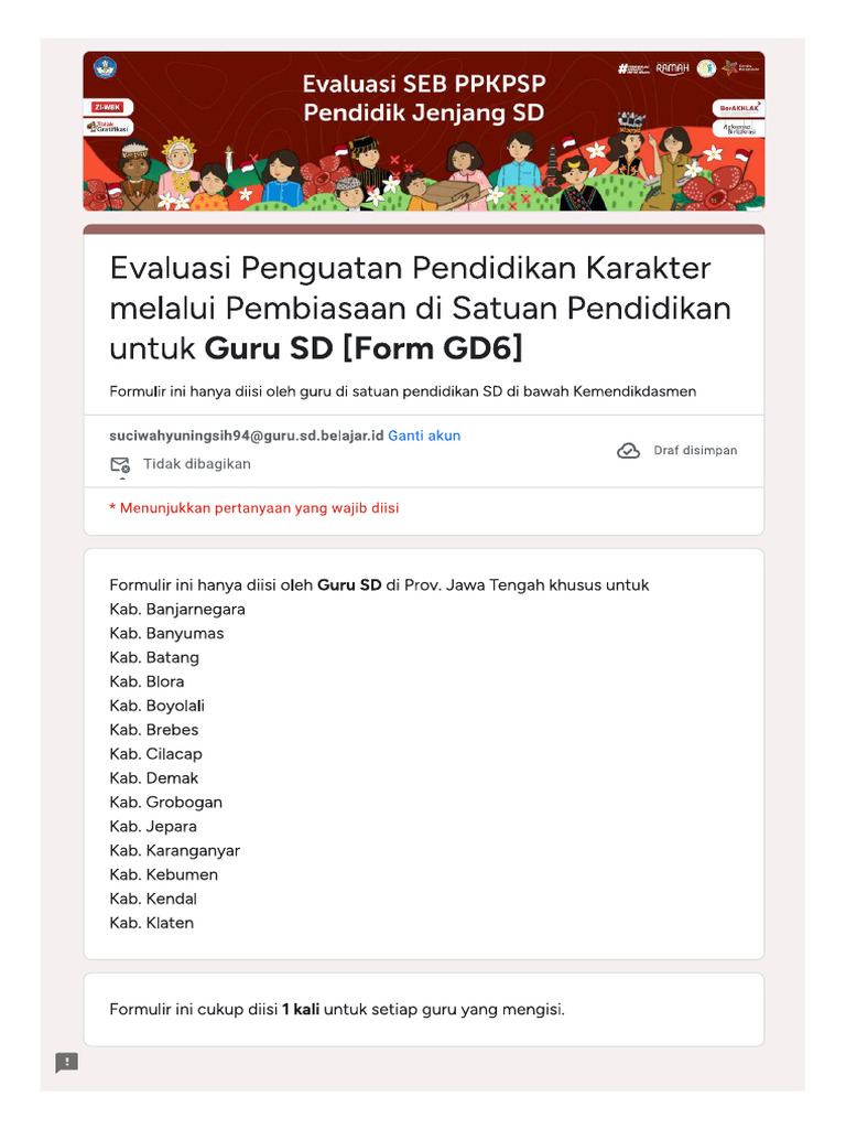 Evaluasi Penguatan Pendidikan Karakter ... An Pendidikan Untuk Guru SD (Form GD6) | PDF