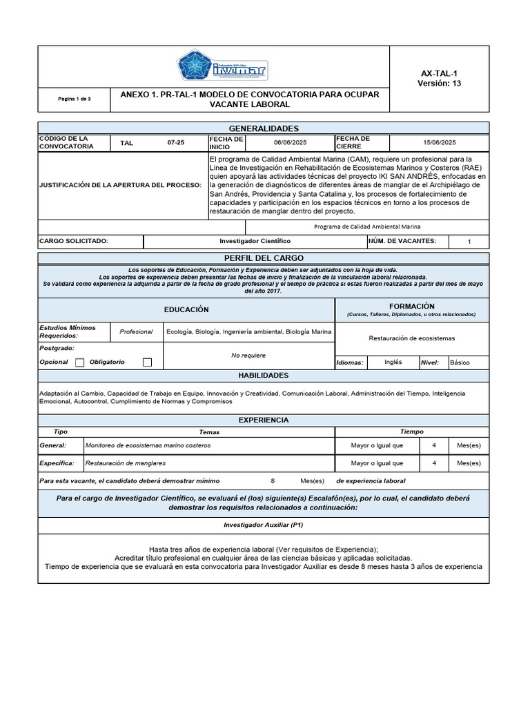 Convocatoria: Investigador Científico Marinos | PDF