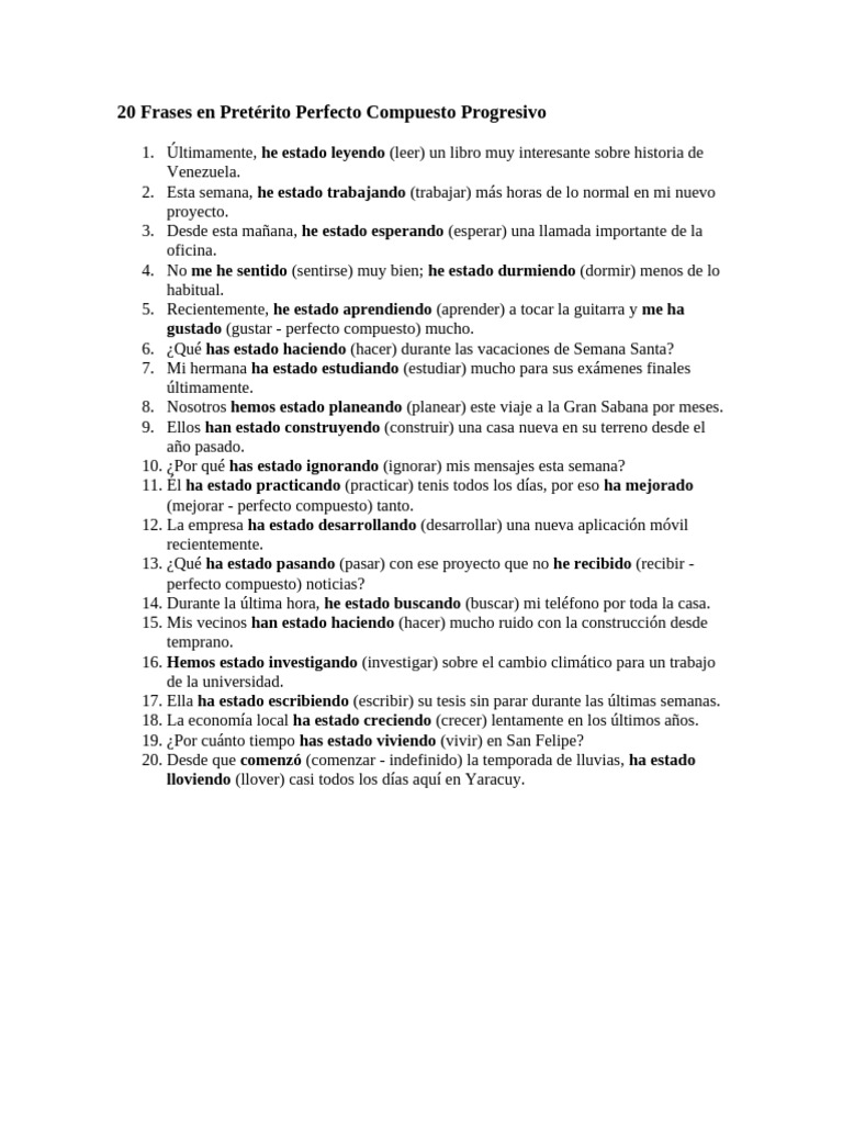 Frases en Pretérito Perfecto Compuesto Progresivo | PDF