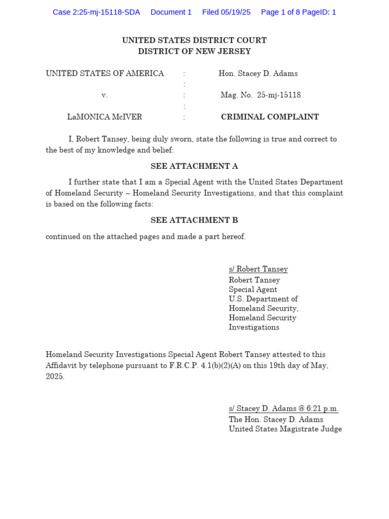 Criminal Complaint Against LaMonica McIver | PDF | U.S. Immigration And ...