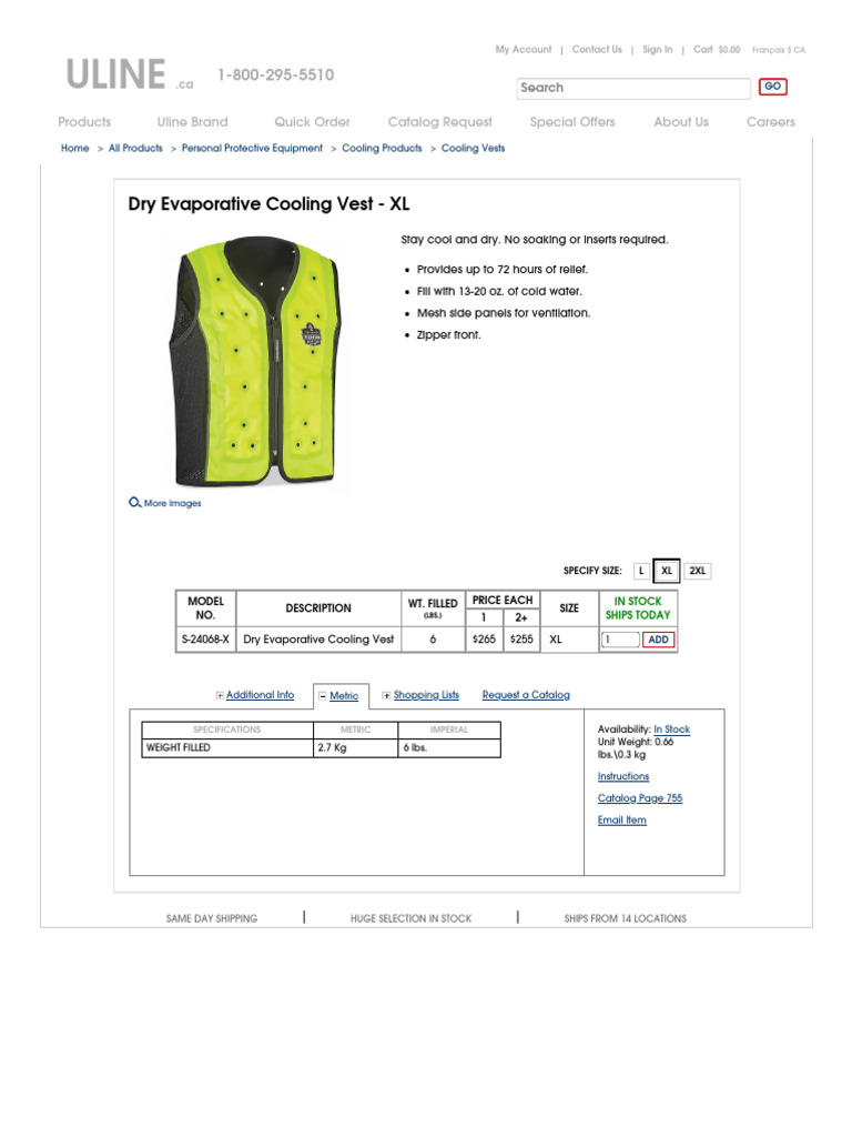 Dry Evaporative Cooling Vest - XL S-24068-X - Uline | PDF