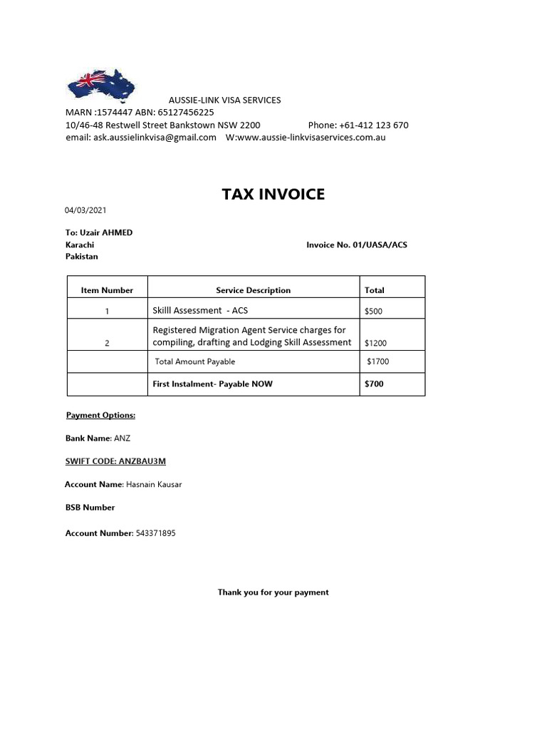 Invoice - Skill Assessment and Rma Fee - Aussie-Link Visa Services ...