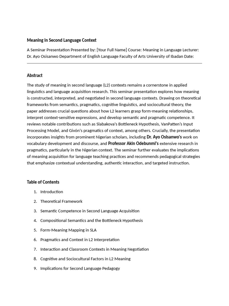 Meaning in Second Language Context | PDF | Second Language Acquisition | Semantics