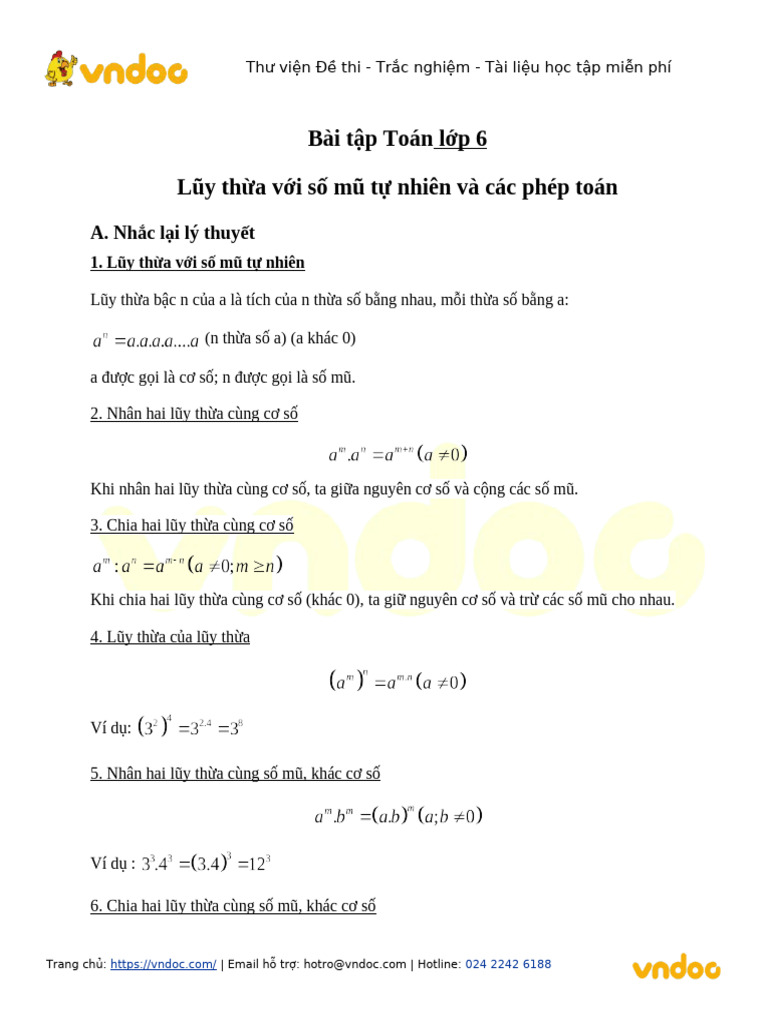 Luy Thua Voi So Mu Tu Nhien Va Phep Toan Lop 6 | PDF