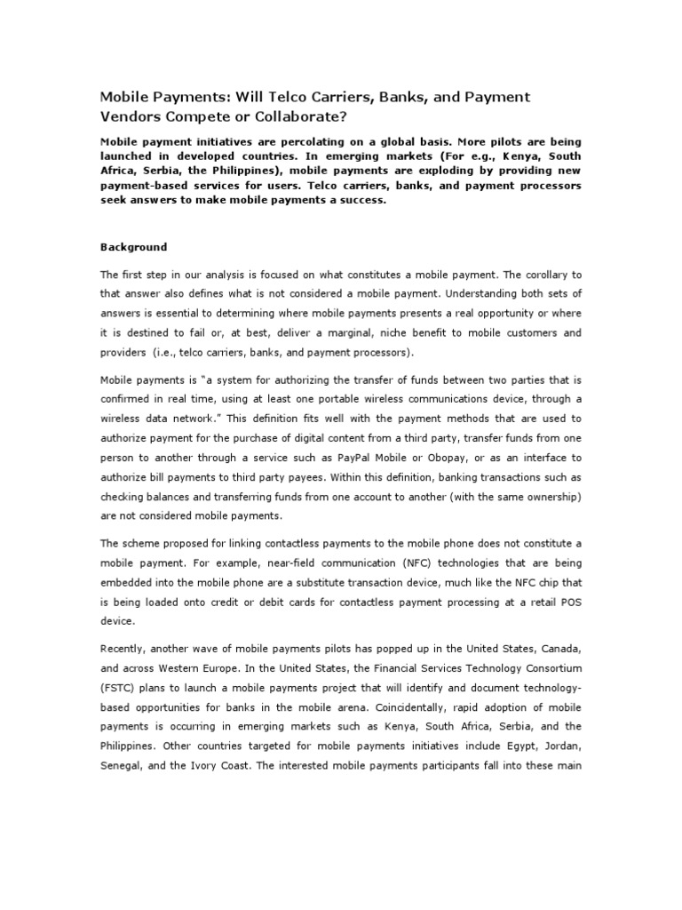 Mobile Payments: Will Telco Carriers, Banks, and Payment Vendors ...