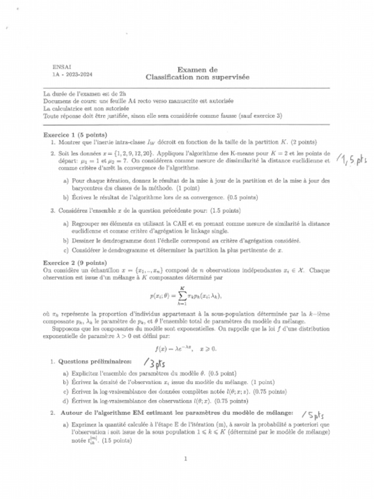 (2023-2024) Examen (Sans QCM) - Classification Non-Supervisé | PDF