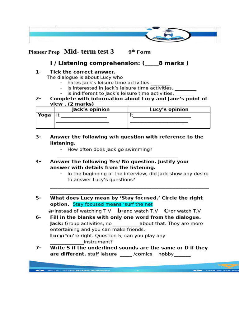 9th Grade Mid-Term Listening Test | PDF