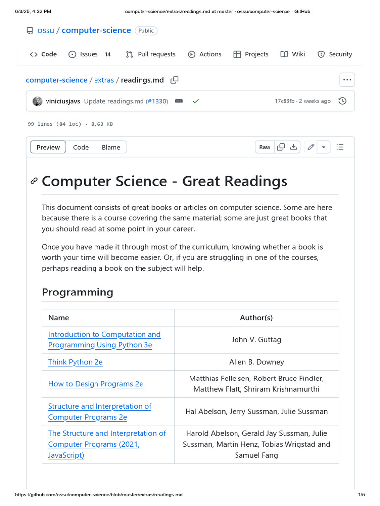 Computer-Science - Extras - Readings - MD at Master Ossu - Computer-Science GitHub | PDF ...