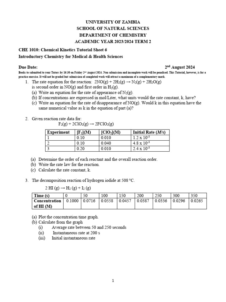 CHE1010 Chemical Kinetics Tutorial Sheet 6 | PDF | Chemical Kinetics ...