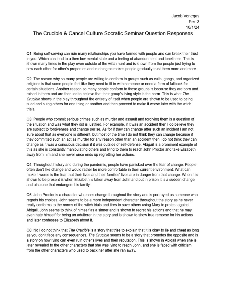 The Crucible & Cancel Culture Socratic Seminar Question Responses ...