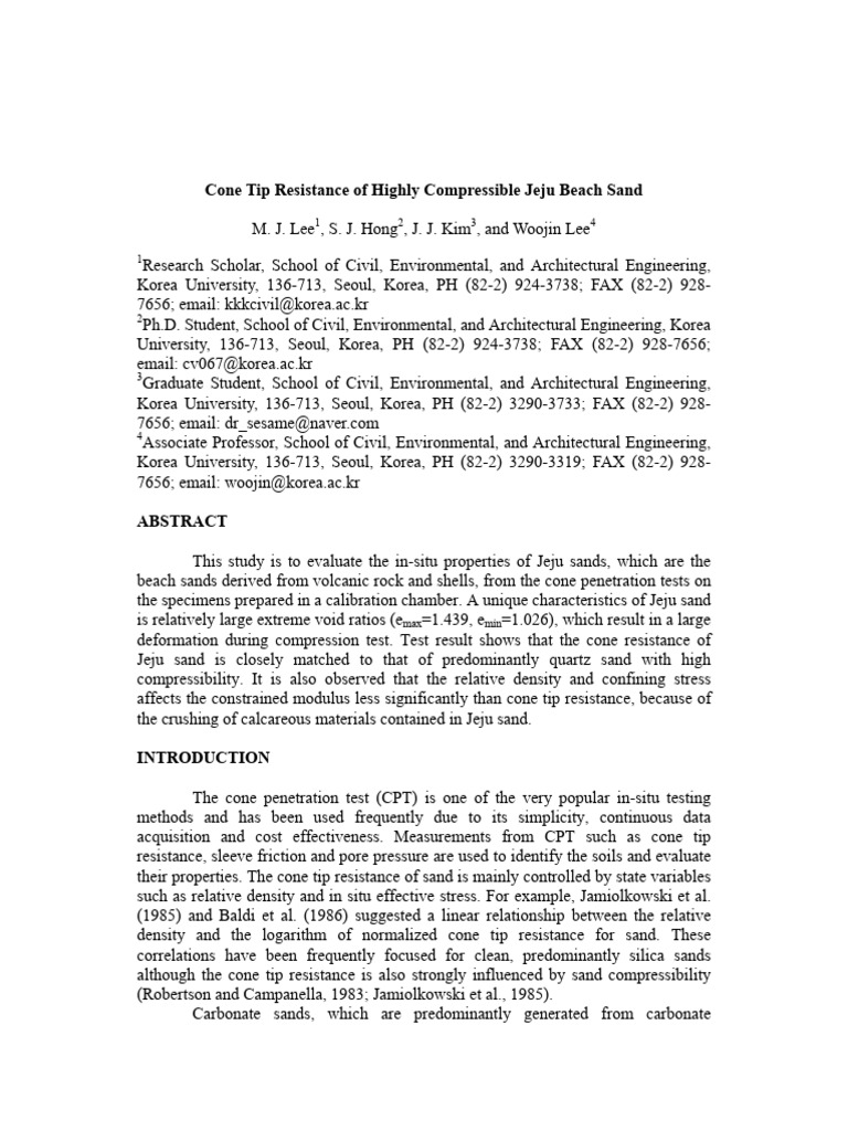 Lee Et Al (2010) Cone Tip Resistance of Highly Compressible Jeju Beach ...