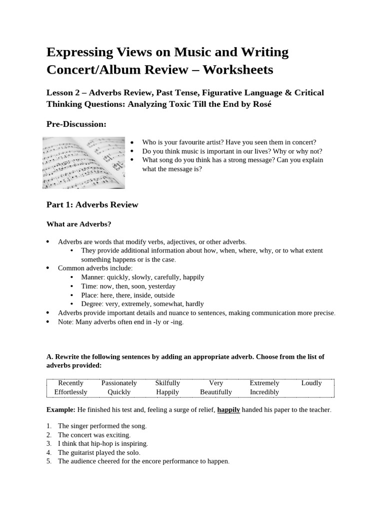 Lesson 2 - Adverbs or Adjectives, Past Tense and Music Vocabulary | PDF ...