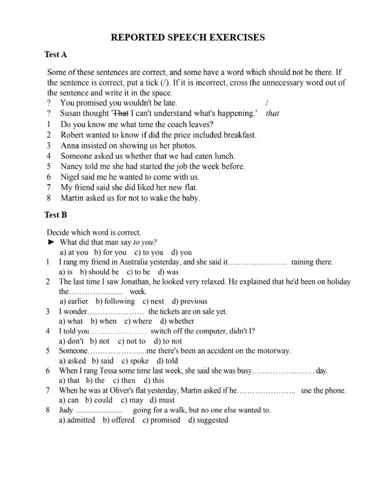 Reported Speech Exercises | PDF