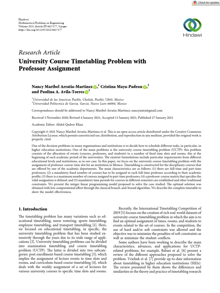 Mathematical Problems in Engineering - 2021 - Arratia-Martinez - University Course Timetabling ...