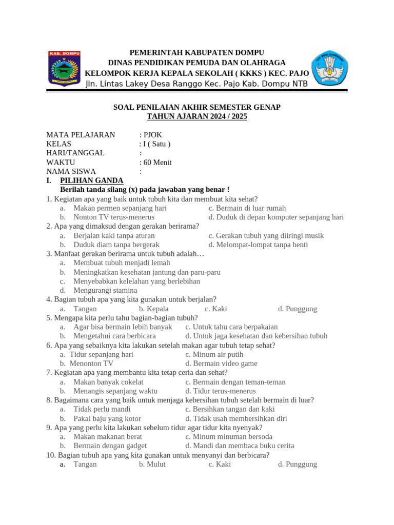 Soal Pjok Kelas 1 Smester 2 Uli | PDF