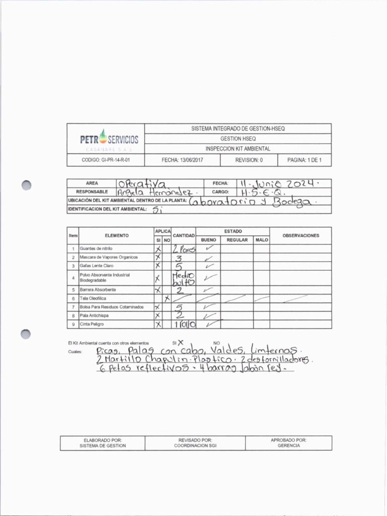 Inspección del Kit Ambiental HSEQ | PDF