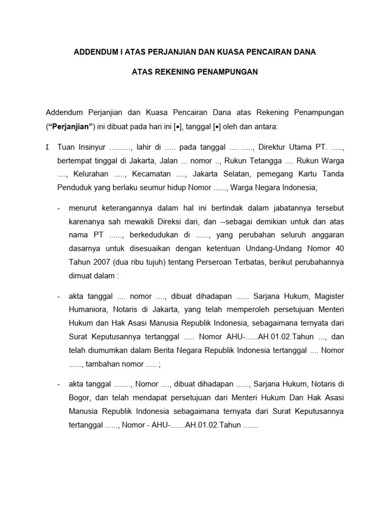 Contoh Addendum Perjanjian Pengelolaan Rekening Sindikasi | PDF