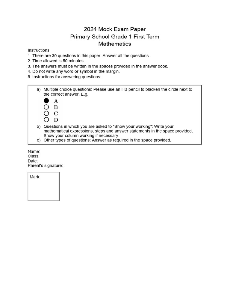 P1 Maths Mock Exam Paper Set 2 A | PDF | Mathematics