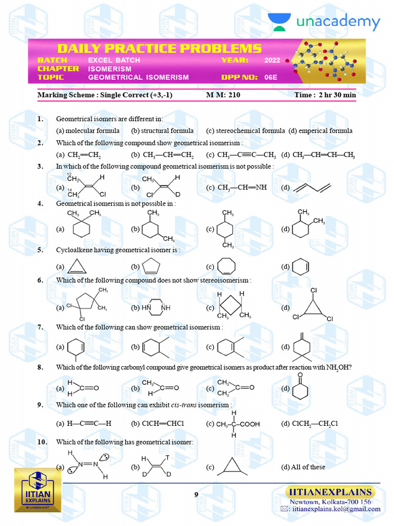 13 DPP 06e Geometrical Isomerism - Excel | PDF | Isomer | Space